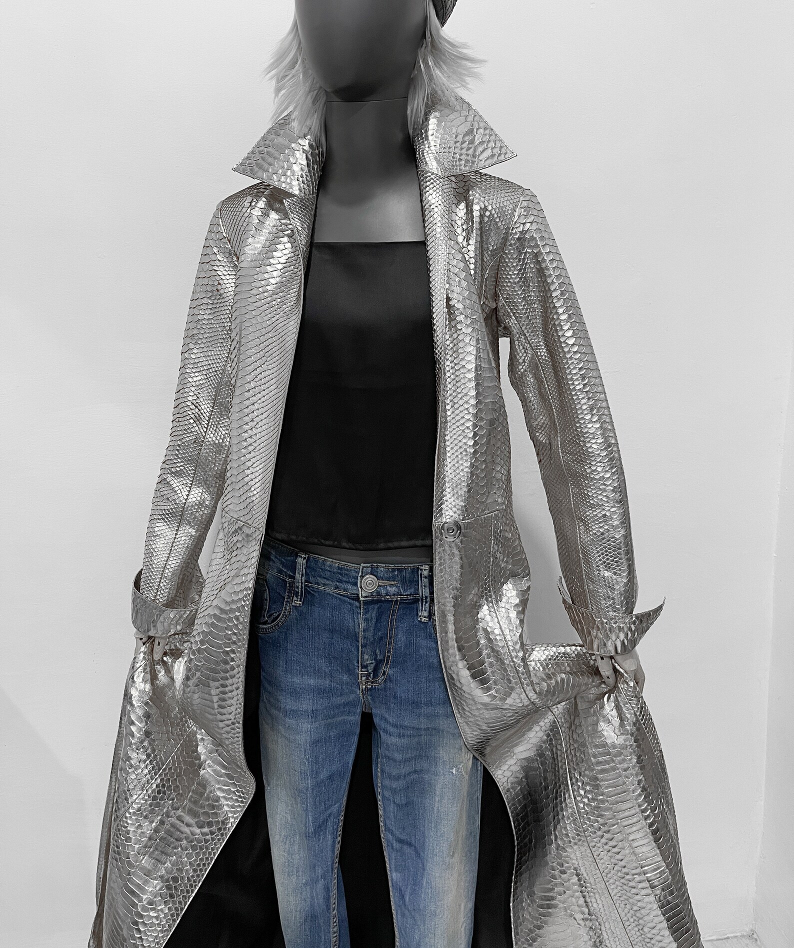 Woman’s Silver Metallic Snakeskin Coat, Python Leather Coat, Silver ...