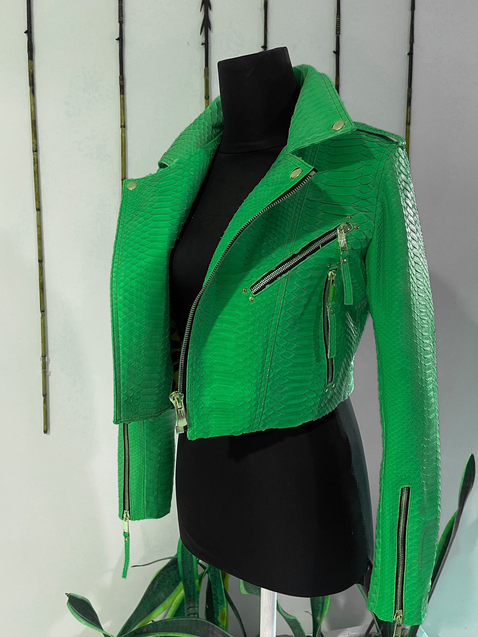 Green Snakeskin Jacket, Women’s Python Leather Jacket , Glossy ...