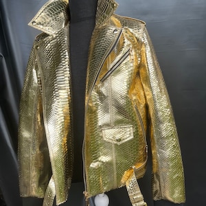 Golden Snakeskin Jacket, Python Leather Moto Style Jacket, Leather ...