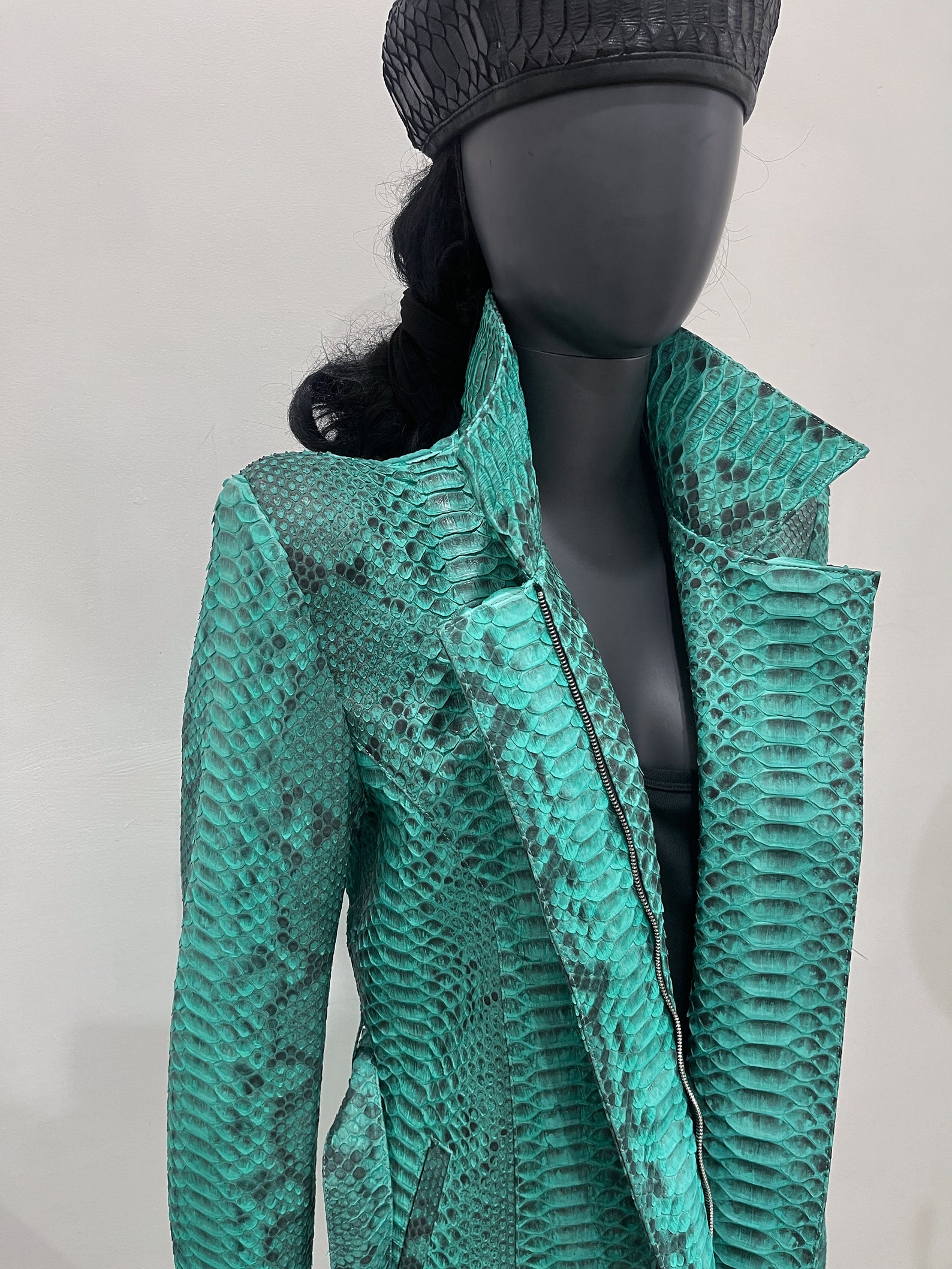 Snakeskin Long Womens Coat, Long Python Leather Trench, Emerald Leather ...