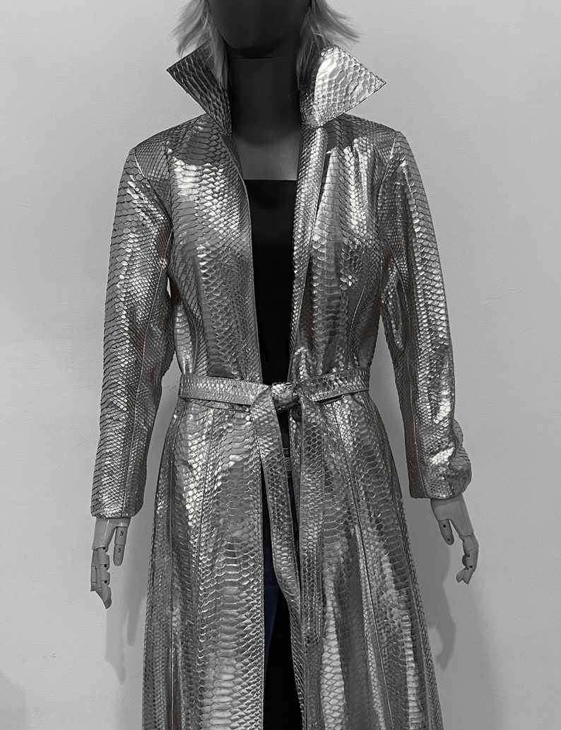 Woman’s Silver Metallic Snakeskin Coat, Python Leather Coat, Silver ...