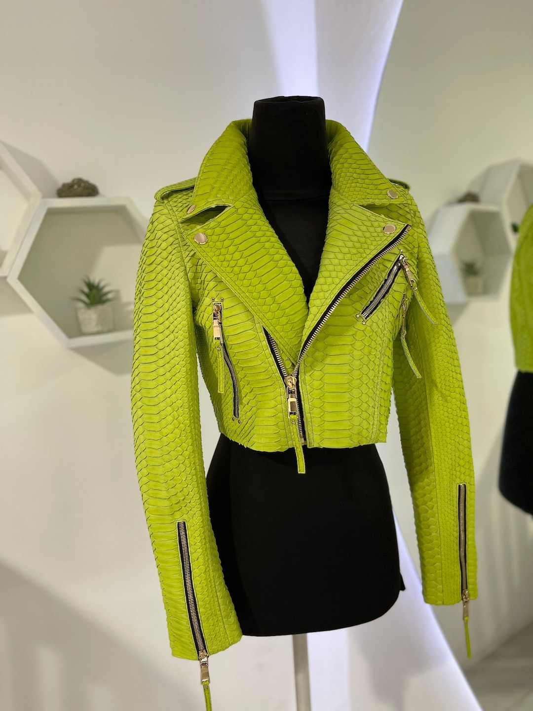 Green Snakeskin Jacket Womens Python Leather Jacket Glossy - Etsy