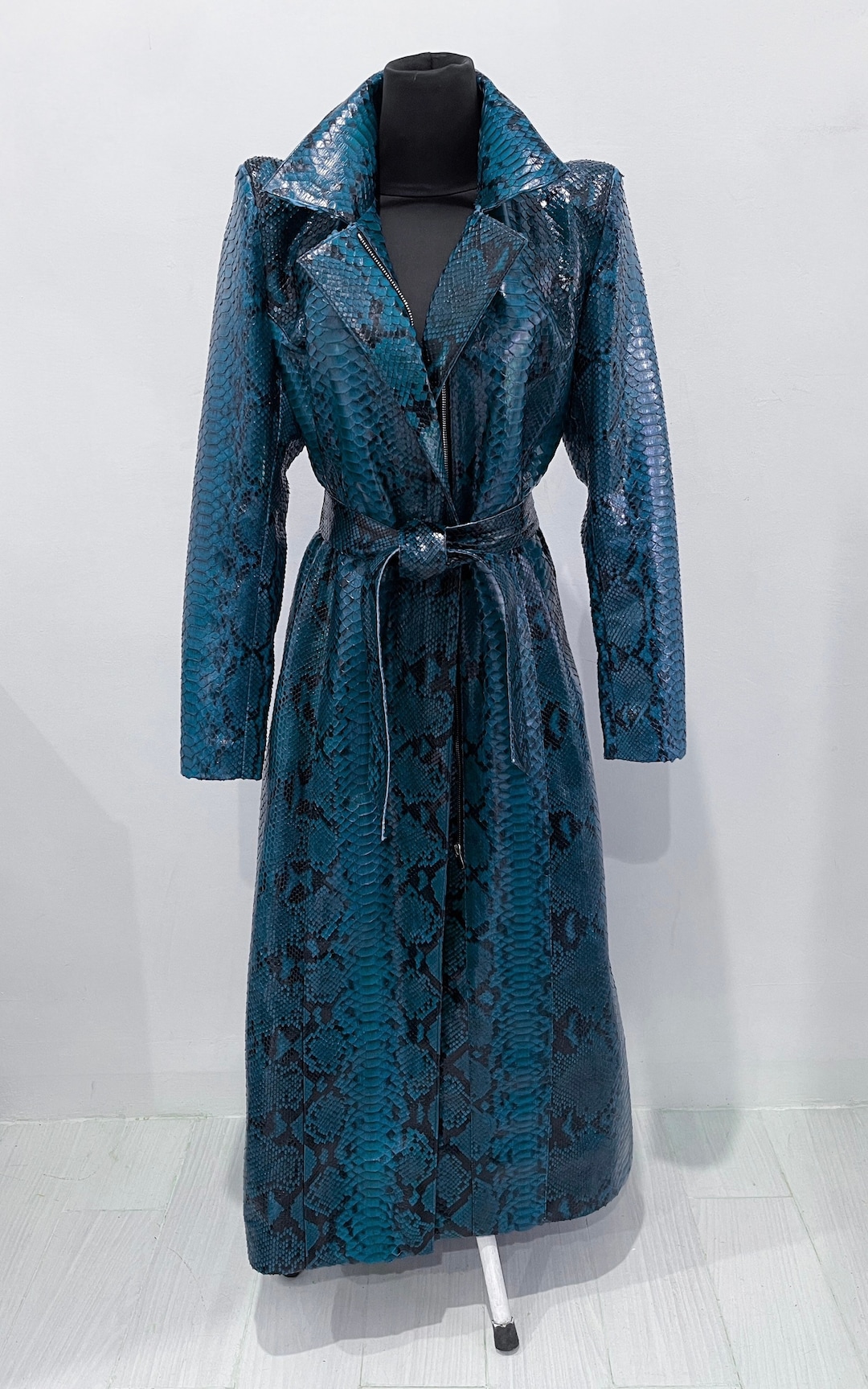 Snakeskin Long Women’s Coat, Long Python Leather Trench, Blue Leather ...