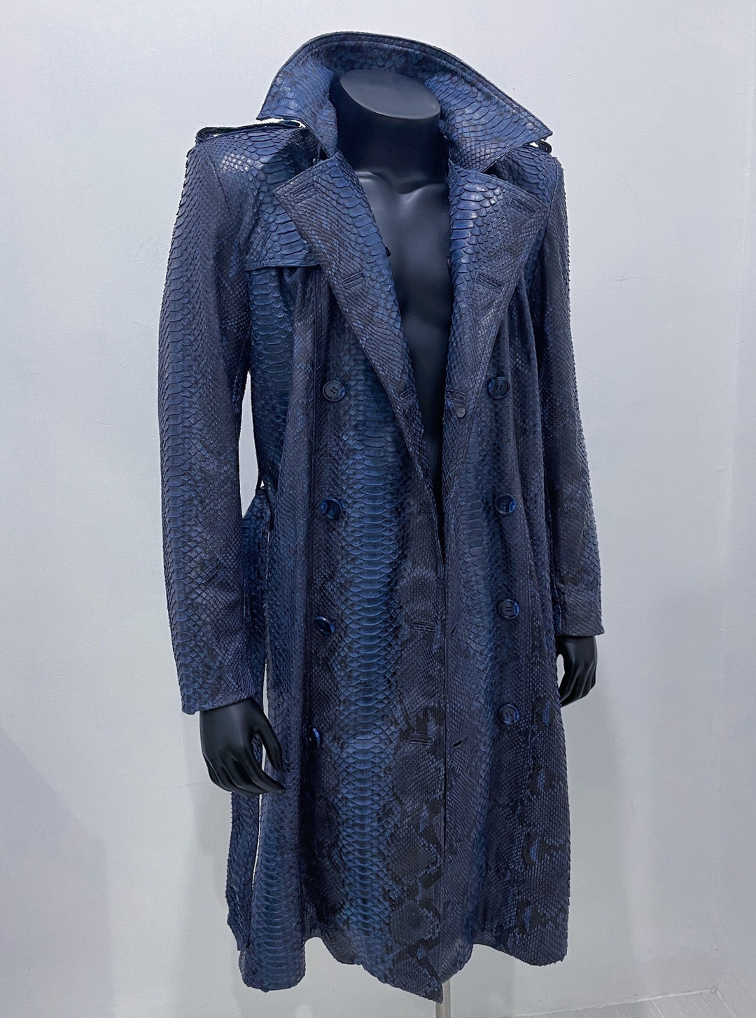 Man’s Python Leather Trench Coat, Snakeskin Python Coat, Blue Leather ...