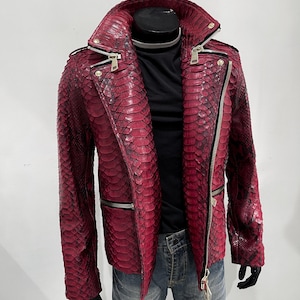 Man’s Red King Python Leather Jacket, Snakeskin Biker Jacket, Custom ...