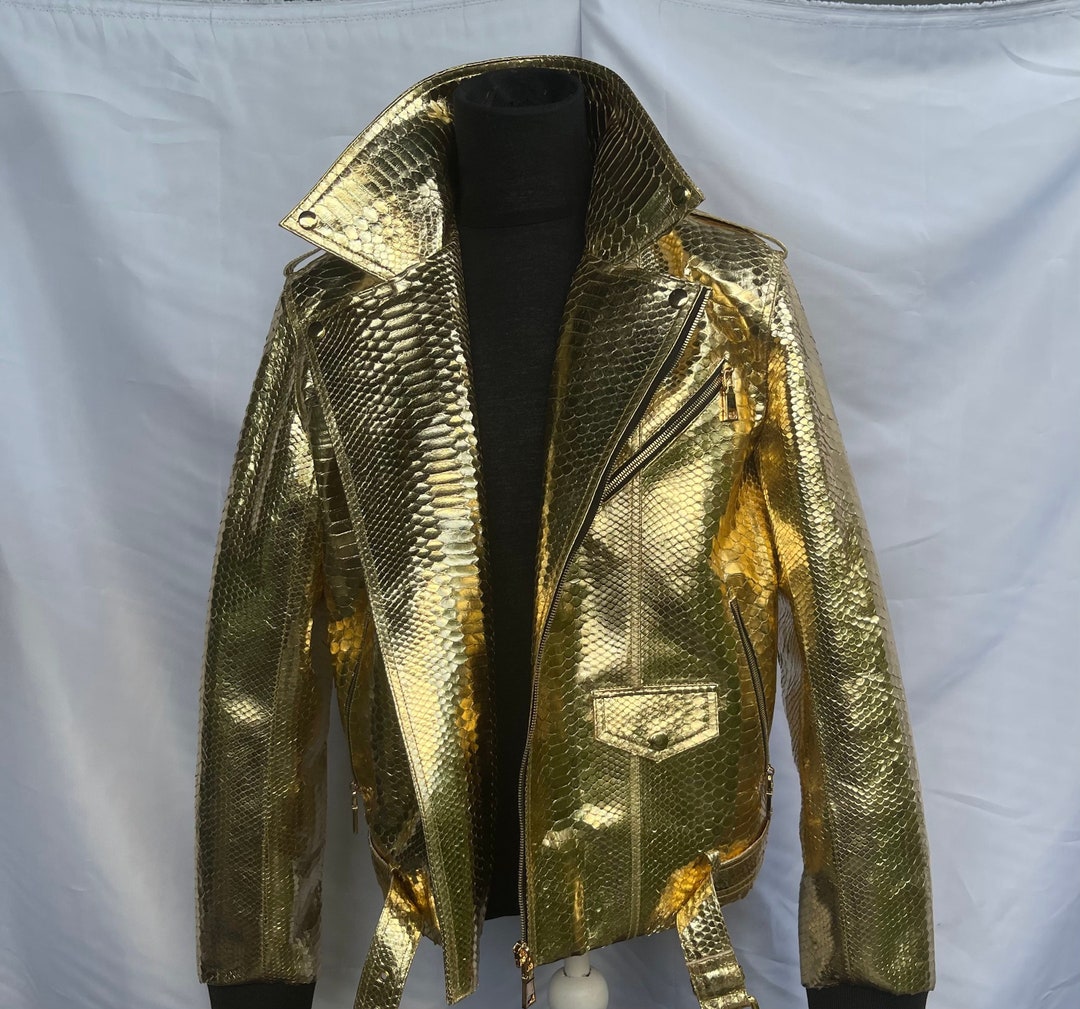 Golden Snakeskin Jacket, Python Leather Moto Style Jacket, Leather ...