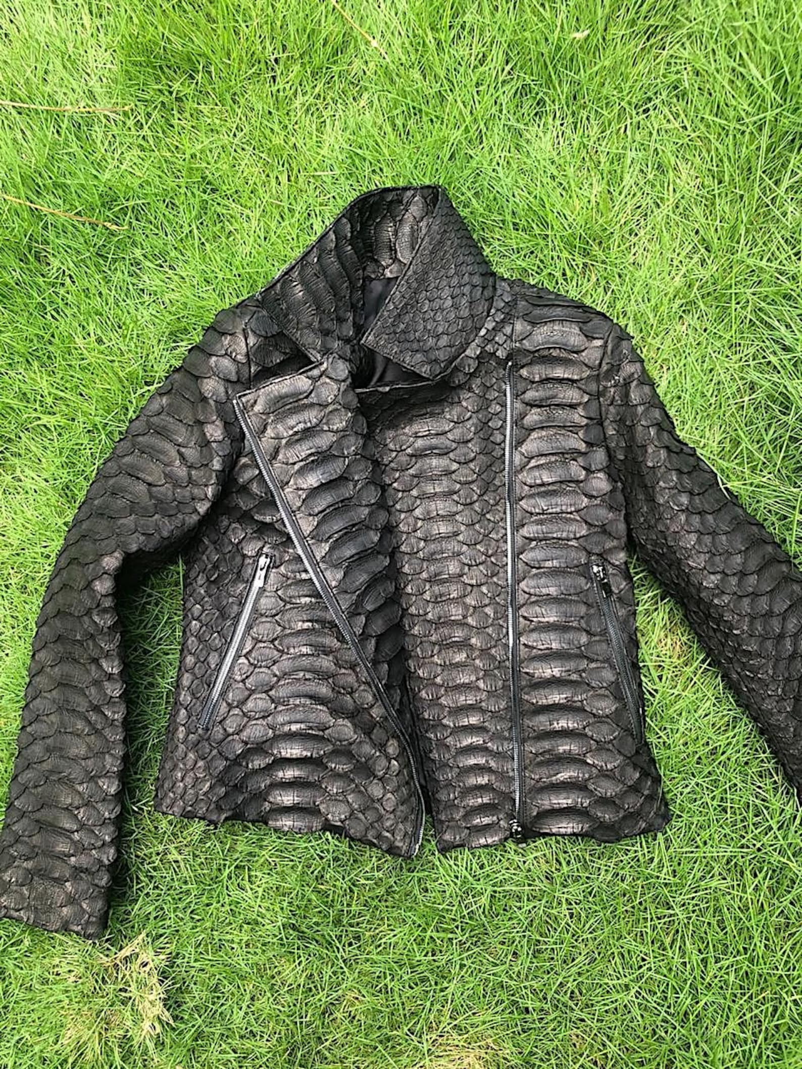 Custom King Python Leather Jacket, Womans Biker Snakeskin Jacket, Black ...