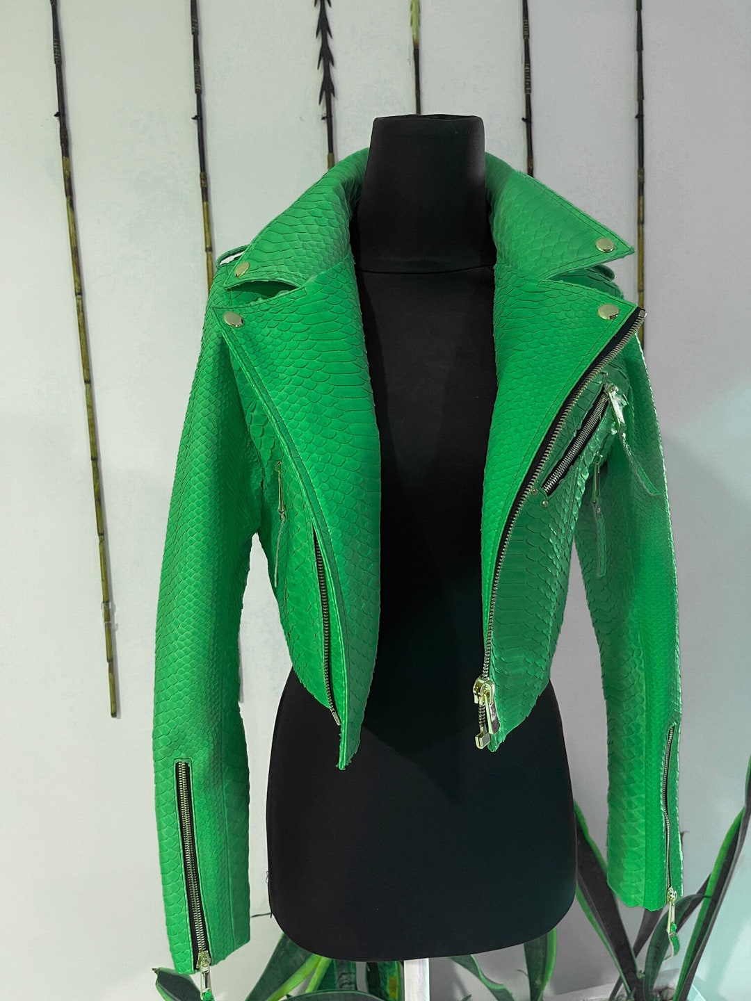 Green Snakeskin Jacket, Women’s Python Leather Jacket , Glossy ...