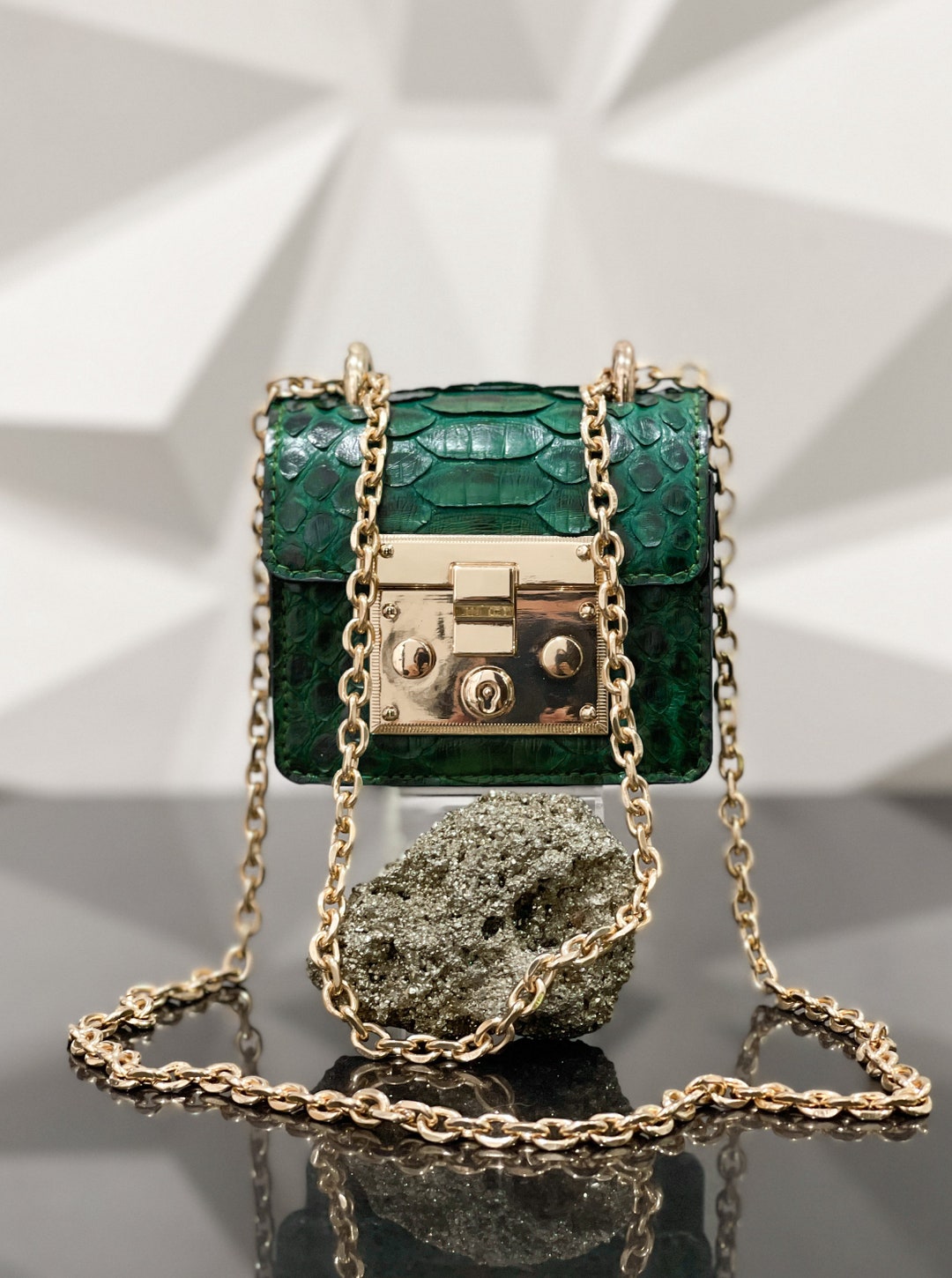 Green Snakeskin Crossbody Bag, Python Leather Purse, Leather Crossbody ...