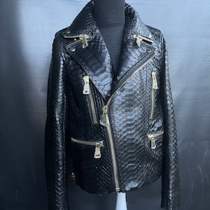 Man's Snakeskin Biker Jacket, Black King Python Leather Jacket, Man's ...