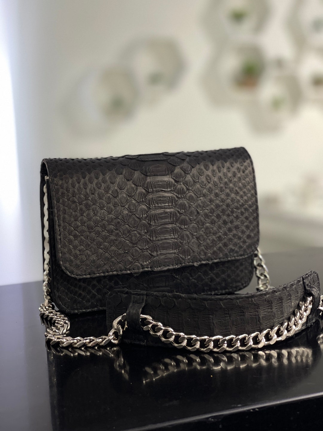 Black Snakeskin Crossbody Bag | Python Leather Purse | Petty Leather ...
