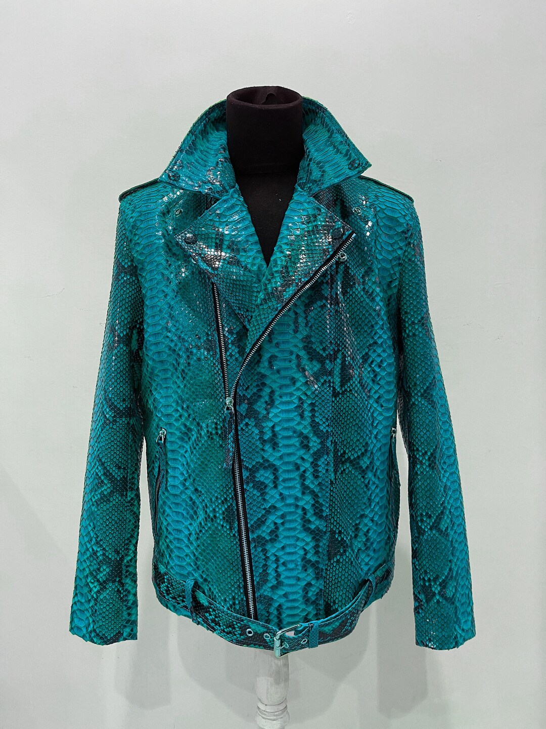 Custom Man’s Snakeskin Biker Jacket, Motor Python Leather Jacket, Blue ...