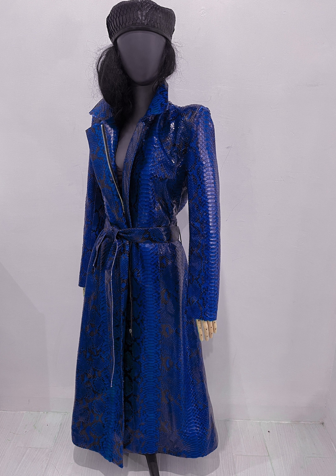 Snakeskin Long Women’s Coat, Long Python Leather Trench, Blue Leather ...