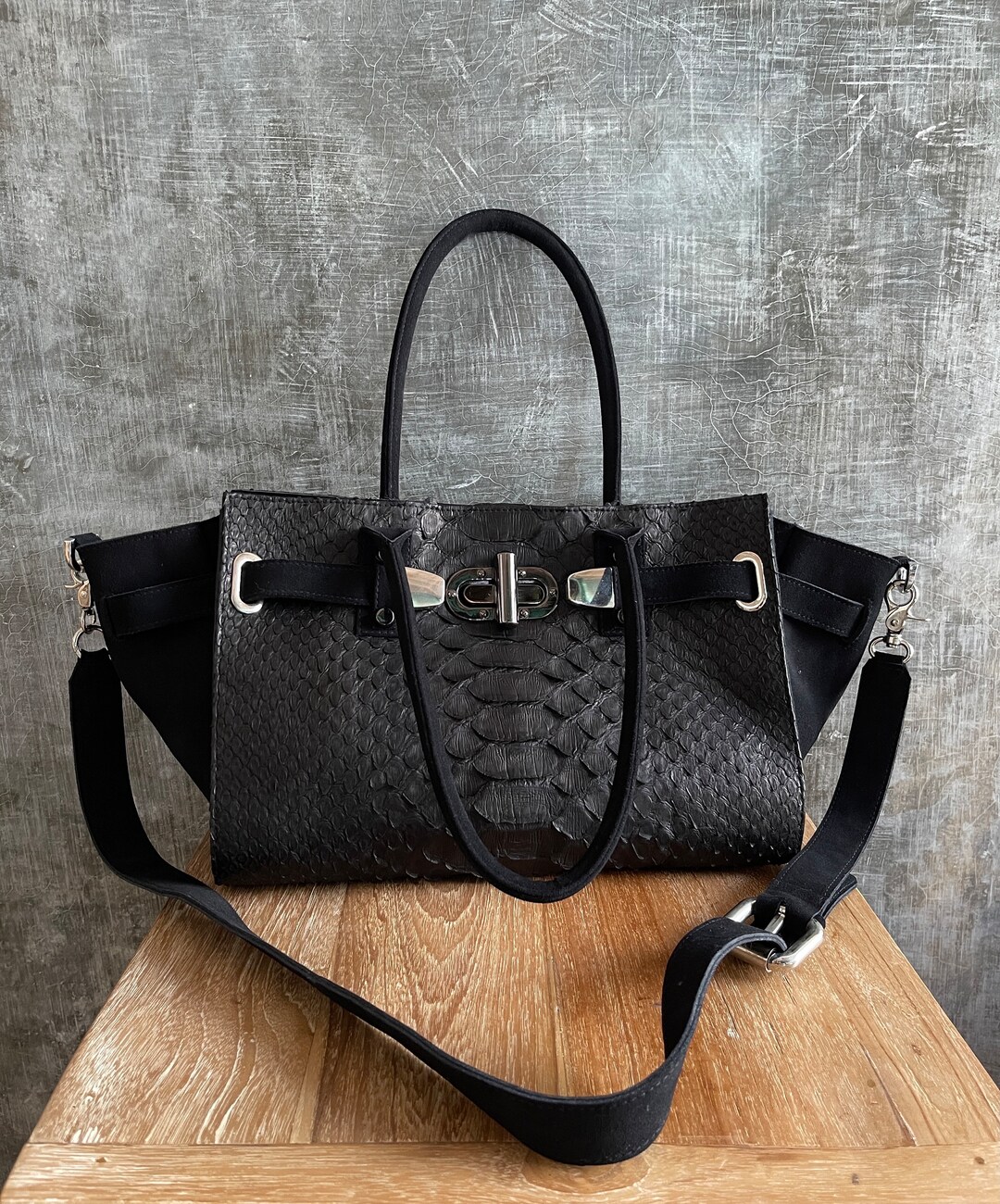 Black Snakeskin Bag, Dragon Python Leather Shoulders Bag, Leather ...