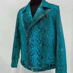 Custom Man’s Snakeskin Biker Jacket, Motor Python Leather Jacket, Blue ...