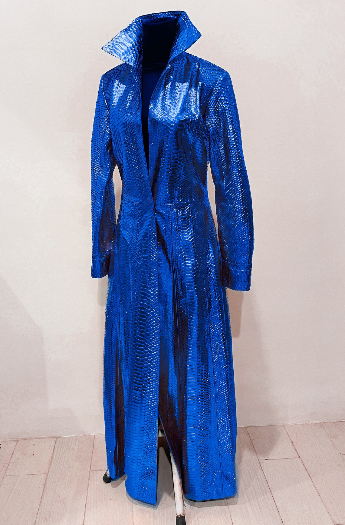 Woman’s Blue Metallic Snakeskin Coat, Python Leather Coat, Blue Python ...