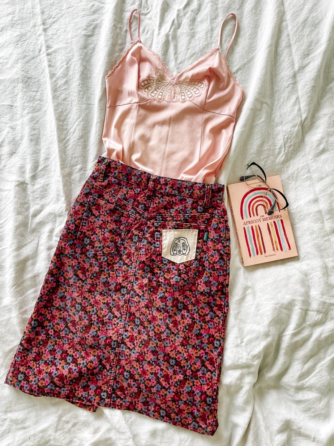 Vintage Corduroy Pink Flower bobson Skirt W/ Hand Sewn, Hand Printed ...
