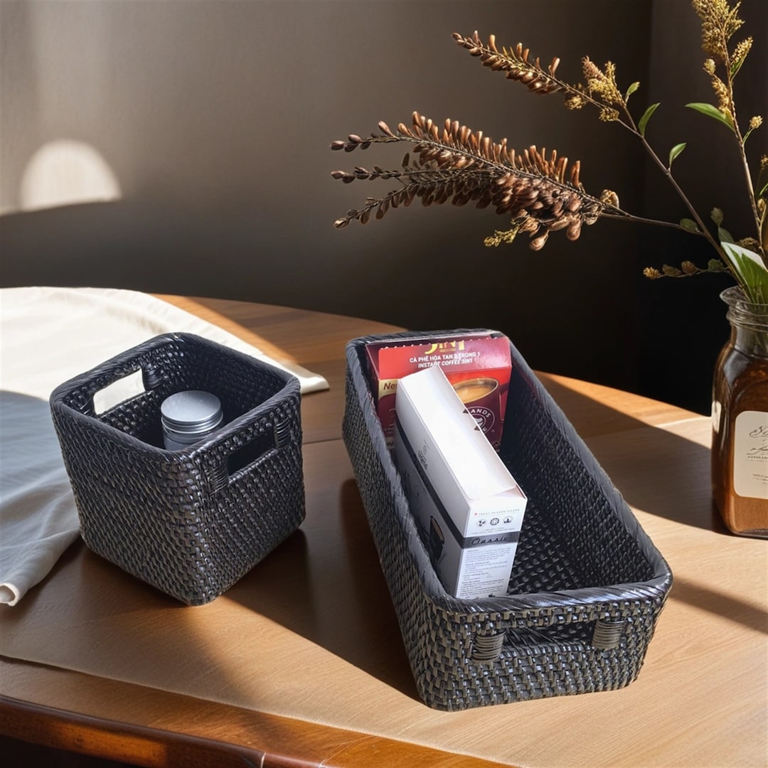 Black Rattan Woven Storage Baskets With Handle,rattan Mudroom Storage ...