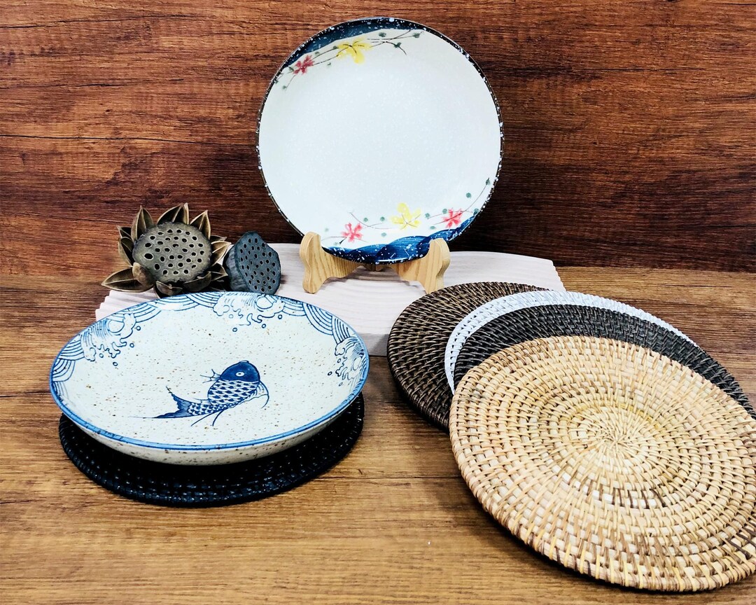 Japanese Style Ceramics Plate and Rattan Woven Placemat Set,underglaze ...