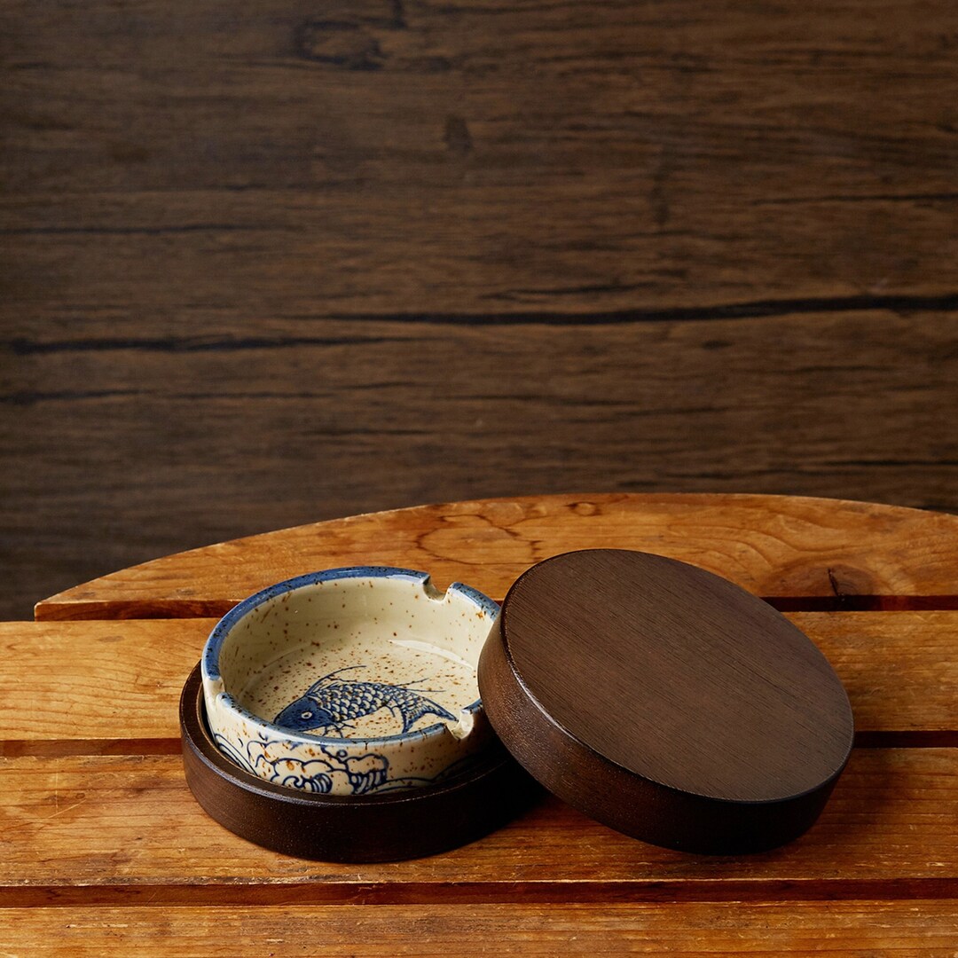 Retro Acacia Wood Custom Japanese-style Wood Ceramic Ashtray,household ...