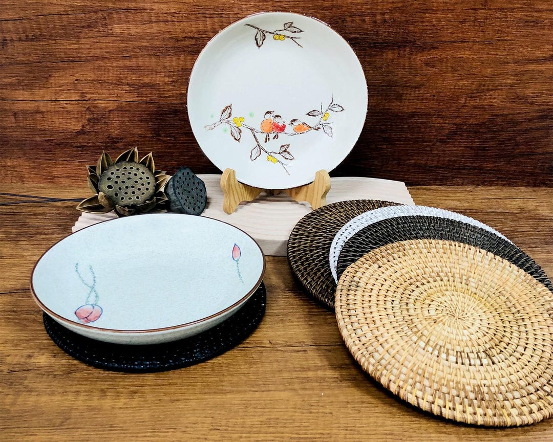 Retro Japanese Style Rattan Woven Placemat and Ceramics Plate Set ...