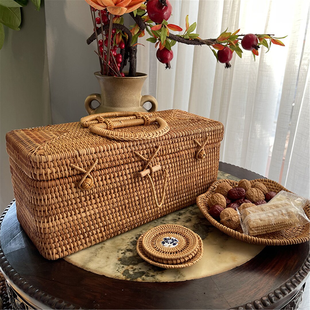 Rattan Woven Portable Picnic Basket Storage Basket Tea Box - Etsy