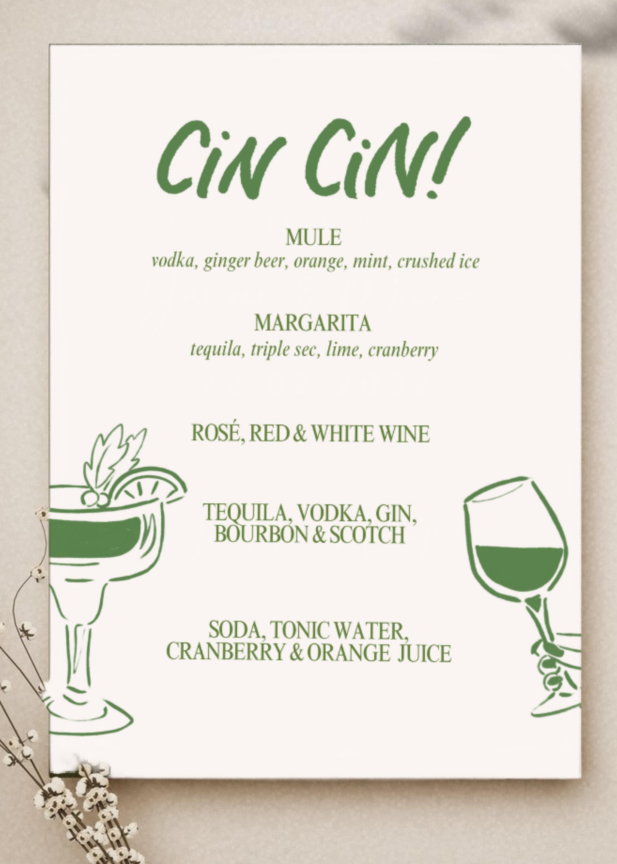 Green CIN CIN Bar Menu Canva Template – Hand-drawn Wedding Drink Menu ...
