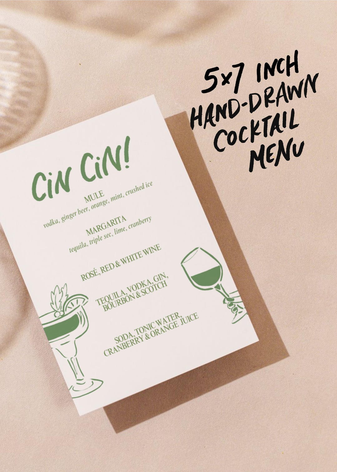 Green CIN CIN Bar Menu Canva Template – Hand-drawn Wedding Drink Menu ...