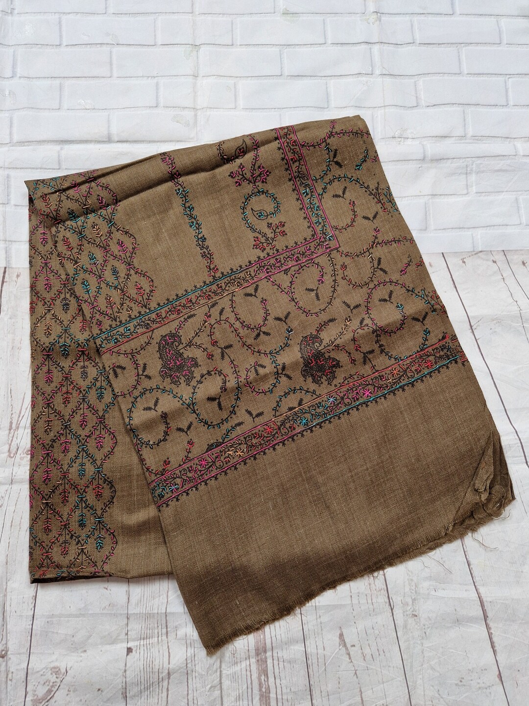 Brown Wool Scarf,hand Embroidered Scarf,basic Winter Scarf Handwoven ...