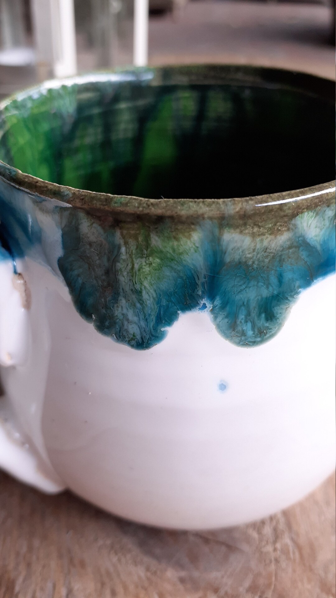 Handgemaakte Beker, Mok, Wit Met Groen En Blauw Special Effekt - Etsy
