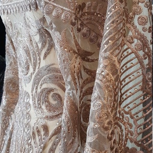 Couture Embroidered Rose Gold Ornamental Lace Fabric With Rhinestones ...
