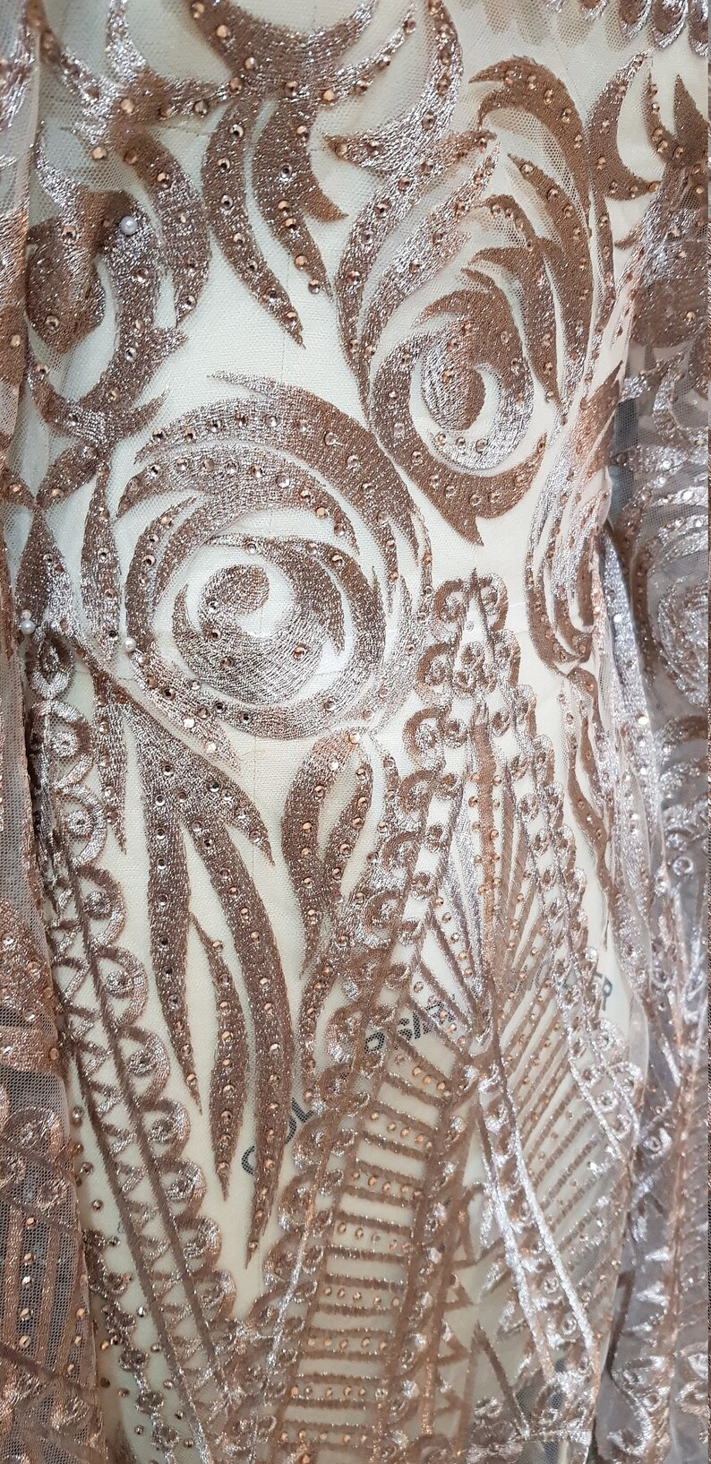 Couture Embroidered Rose Gold Ornamental Lace Fabric With Rhinestones ...