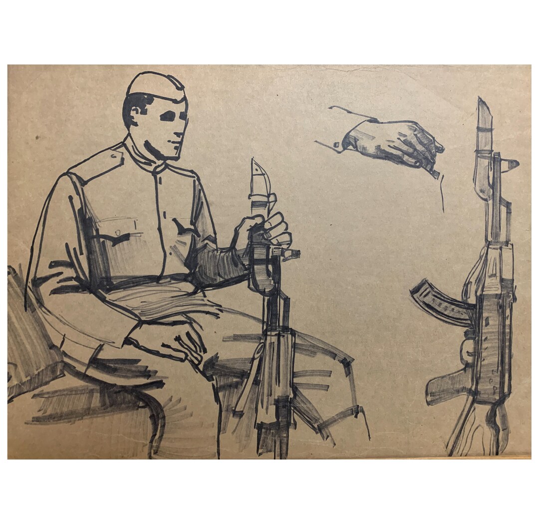 Vintage Soviet Soldier Portrait Ink Drawing, WWII Collectible Art - Etsy
