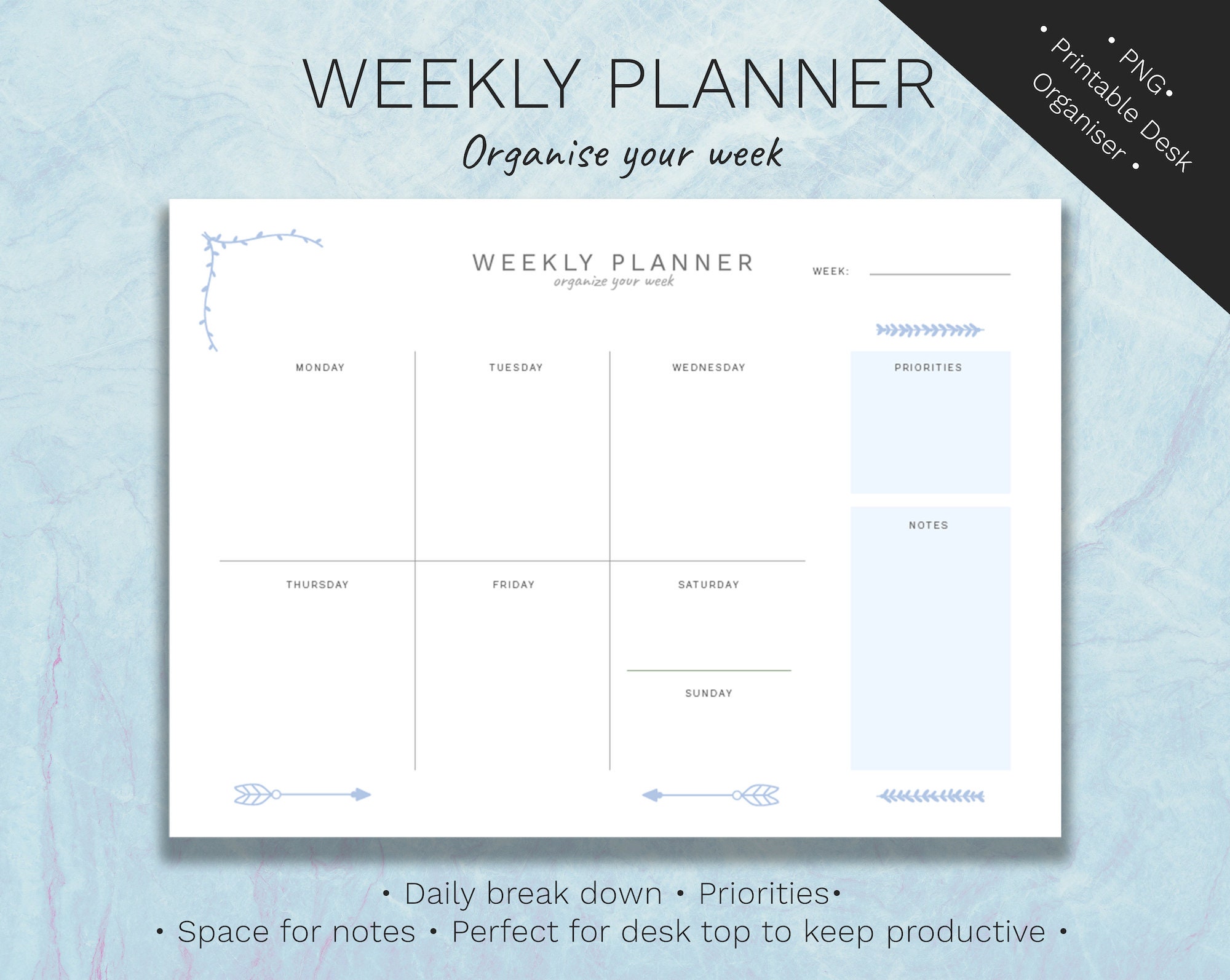 Printable Weekly Planner A4 Print Out, Desk Organiser, Daily Notes ...