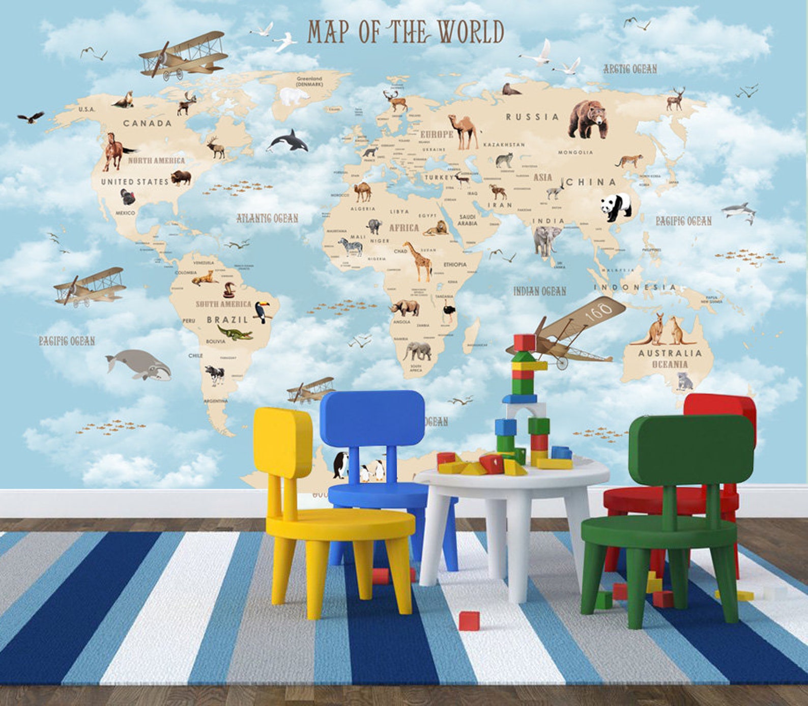 World Map Wall mural Children Map with jungle animal map | Etsy