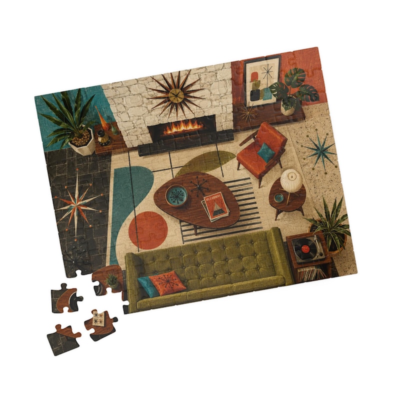 Mid Century Living Room Puzzle 110-1014 Piece | Retro Home Illustration ...