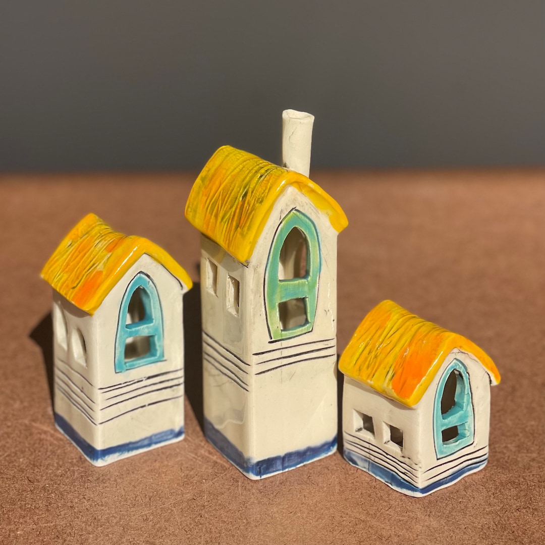 Three Handmade Small Ceramic Houses Pottery Village. Home Decor.perfect ...