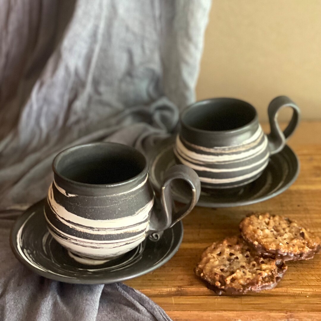 Handmade Coffee Set for Two. Wheel Thrown From White and Black Marble ...