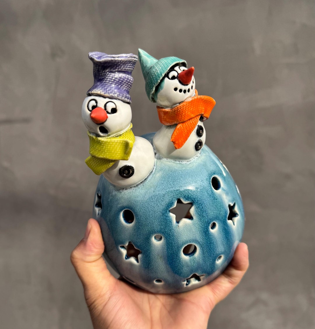 Handmade Porcelain Lantern With Two Snow-mans .ceramic Lantern.unique ...