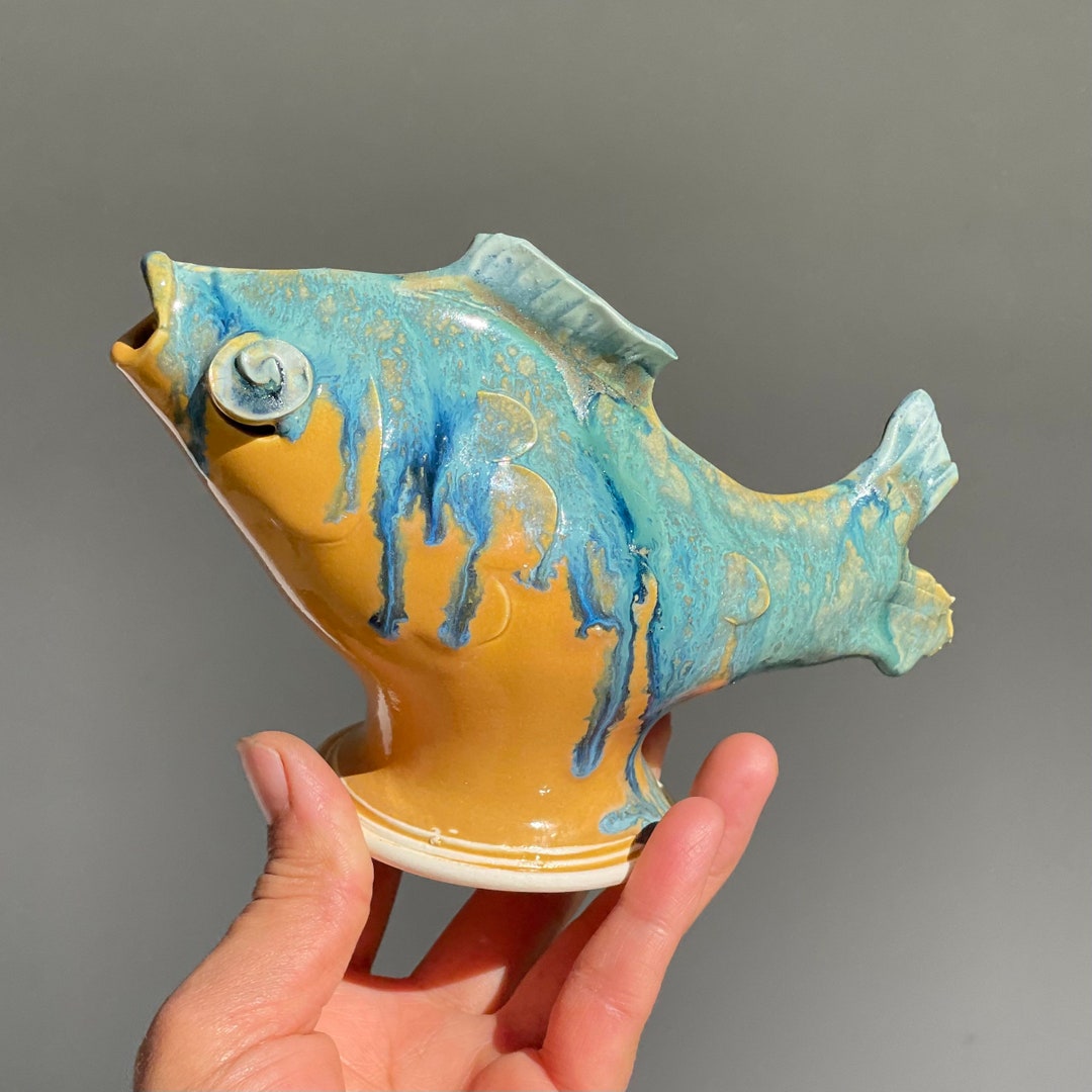Handmade Ceramic Fish Figurine: Yellow & Blue Wheel Thrown Statue - Etsy