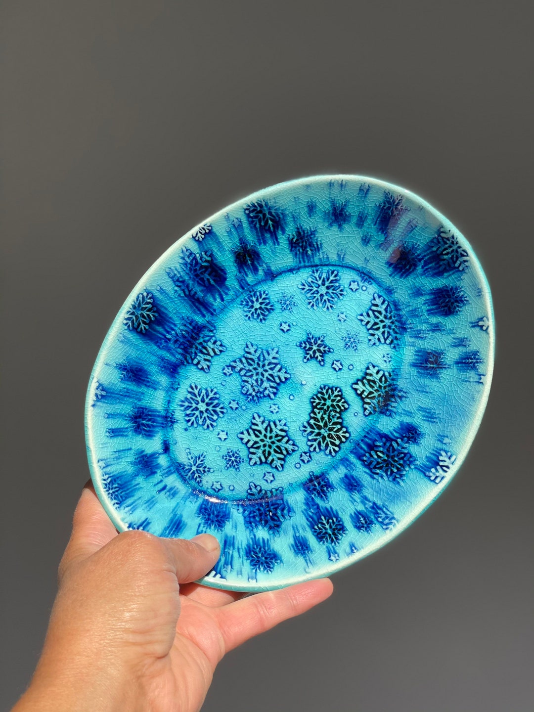 Psychedelic Snowflake Dish: Handmade Ceramic Plate, Blue Decor (8x6x1.5 ...