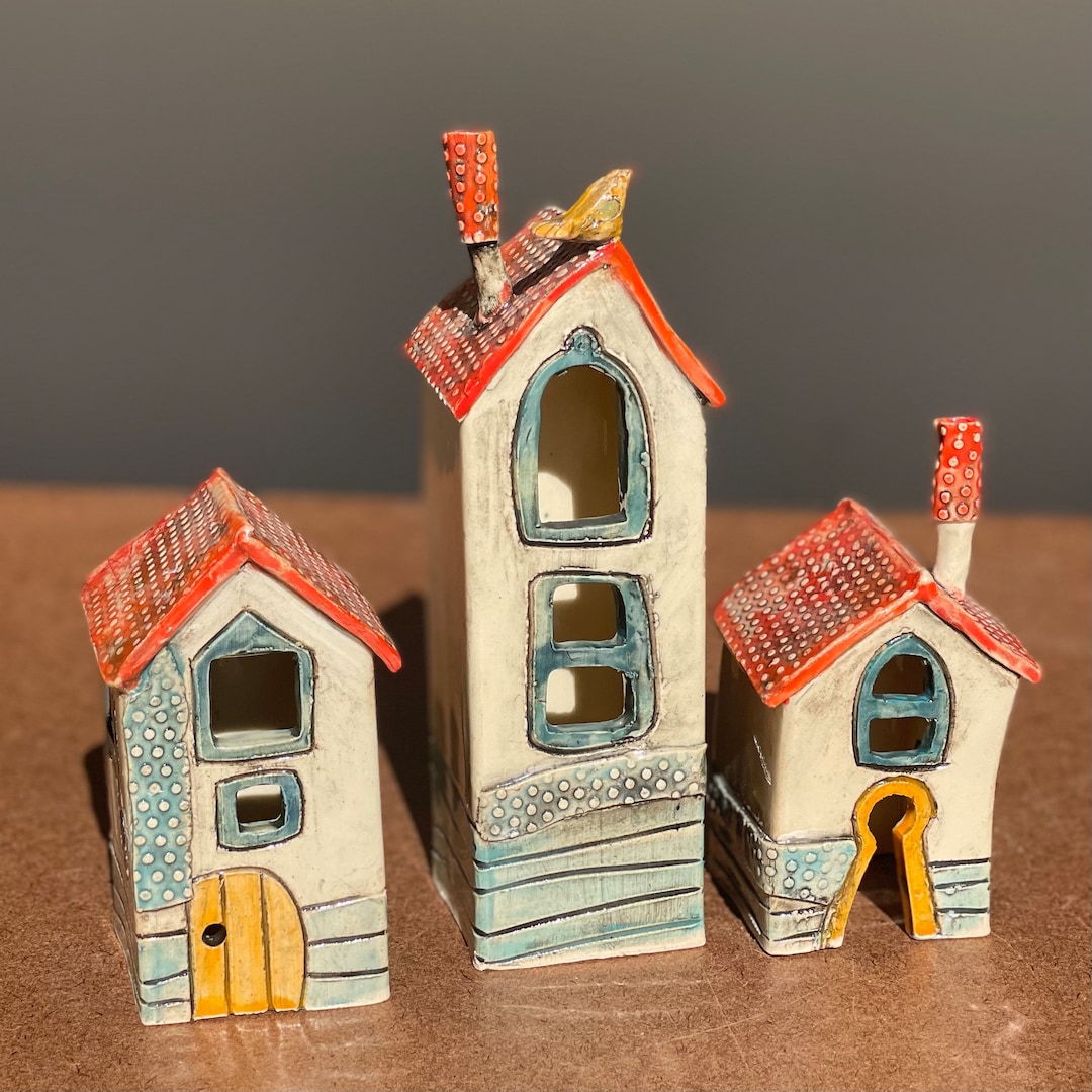 Three Handmade Ceramic House Lanterns .pottery Village. Home Decor ...