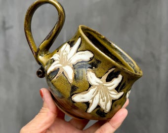 Handmade Porcelain Mug With Lily Flowers.coffee/tea Mug With Lily ...