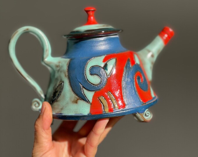 Handmade Teapot in Red and Green With Blue Spiral.ceramic Teapot.wheel ...