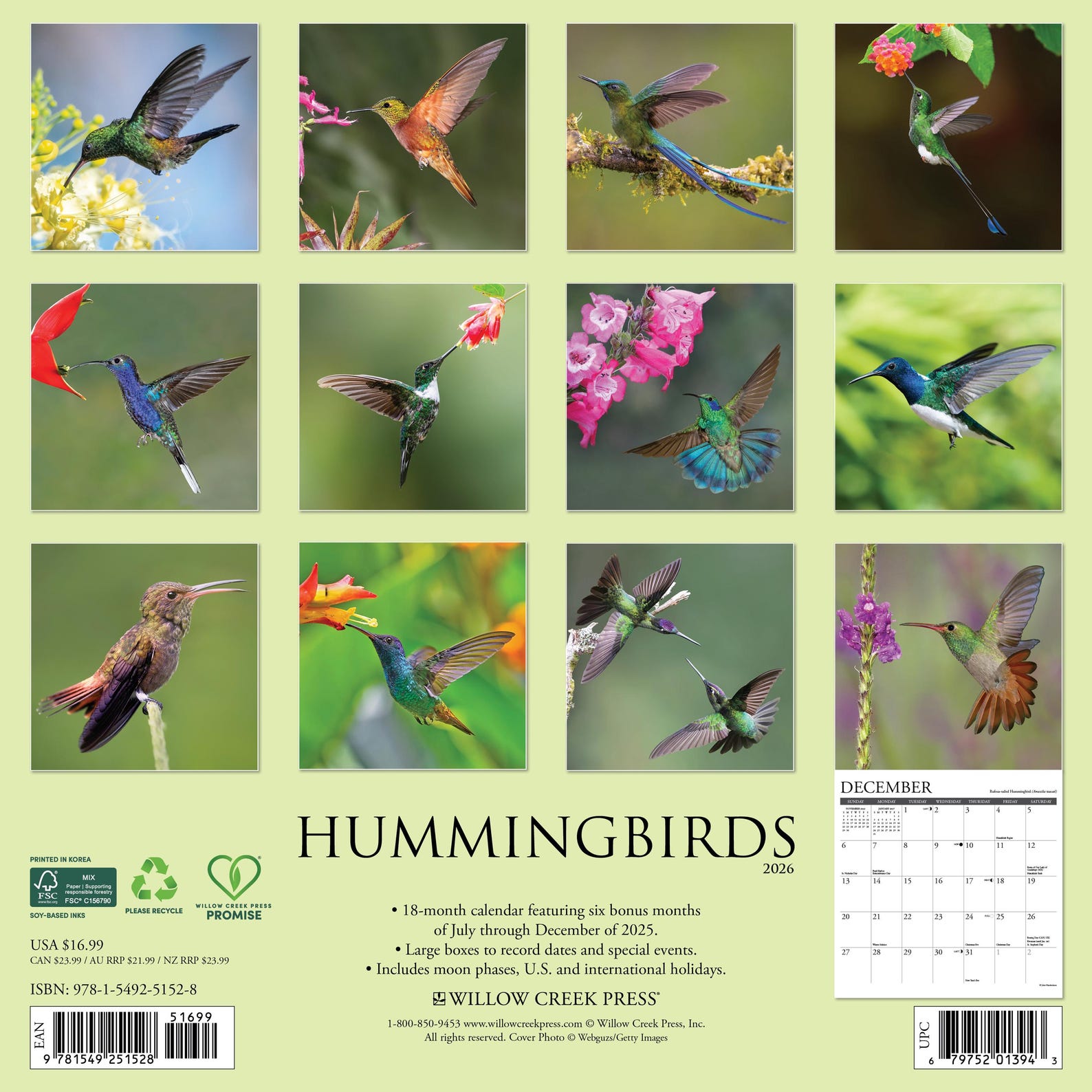 Hummingbirds 2026 12" X 12" Wall Calendar - Etsy