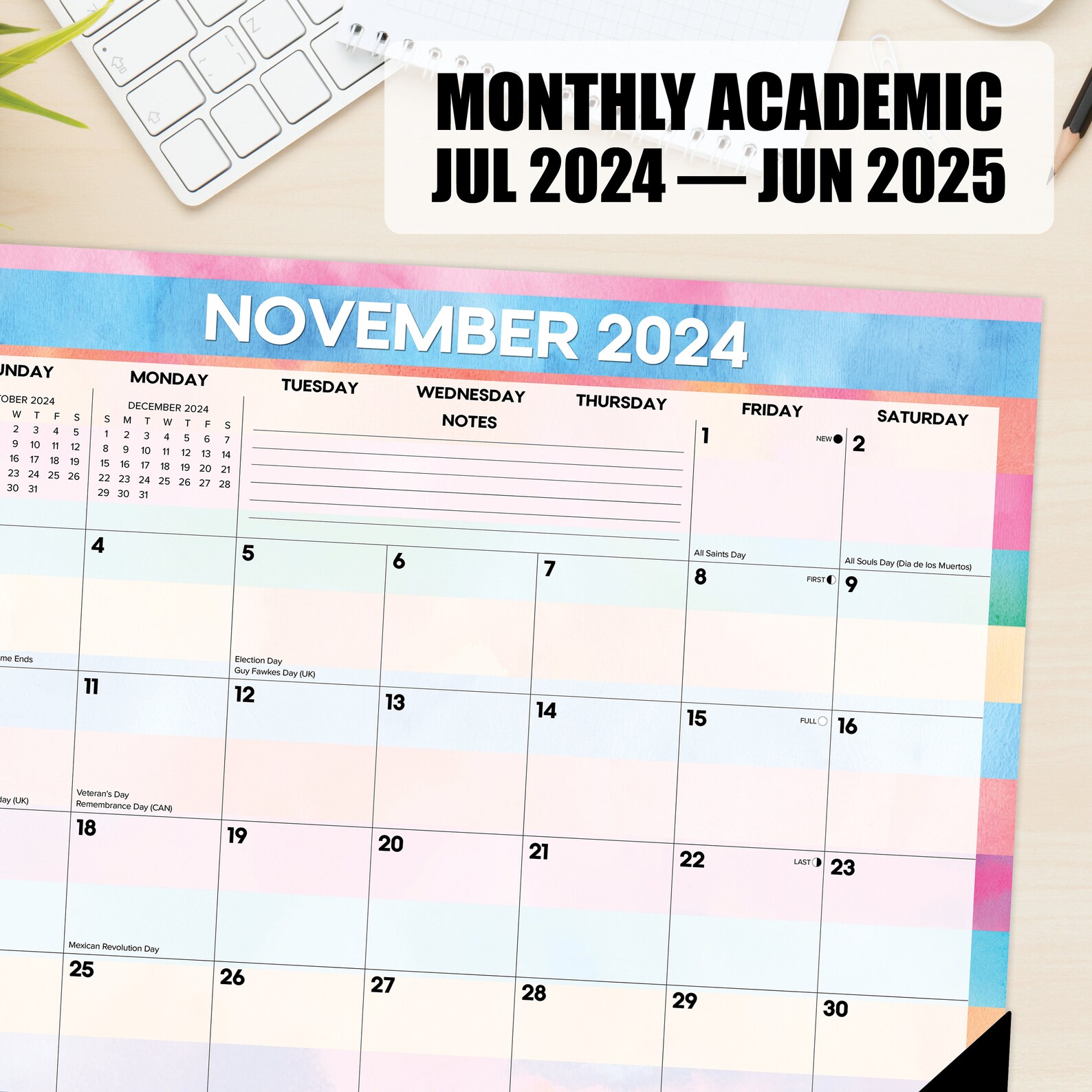 Watercolor Stripe Academic July 2024 June 2025 22 X 17 Large Monthly ...