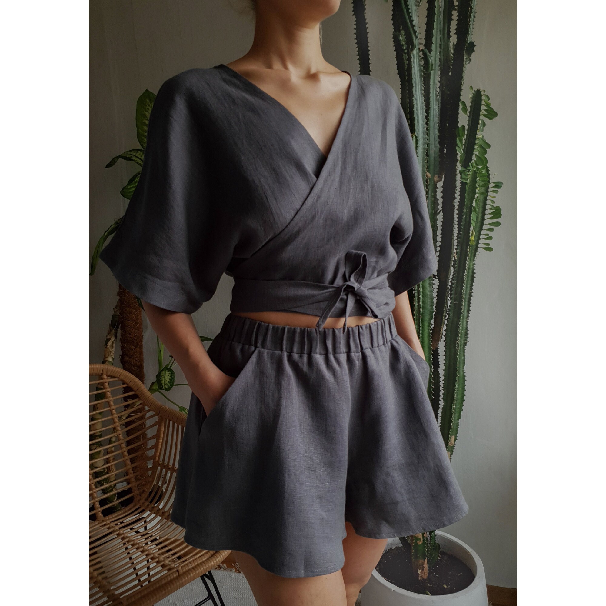 Lienen Set Linen Wrap Top Linen Shorts Linen Linen Skirt | Etsy