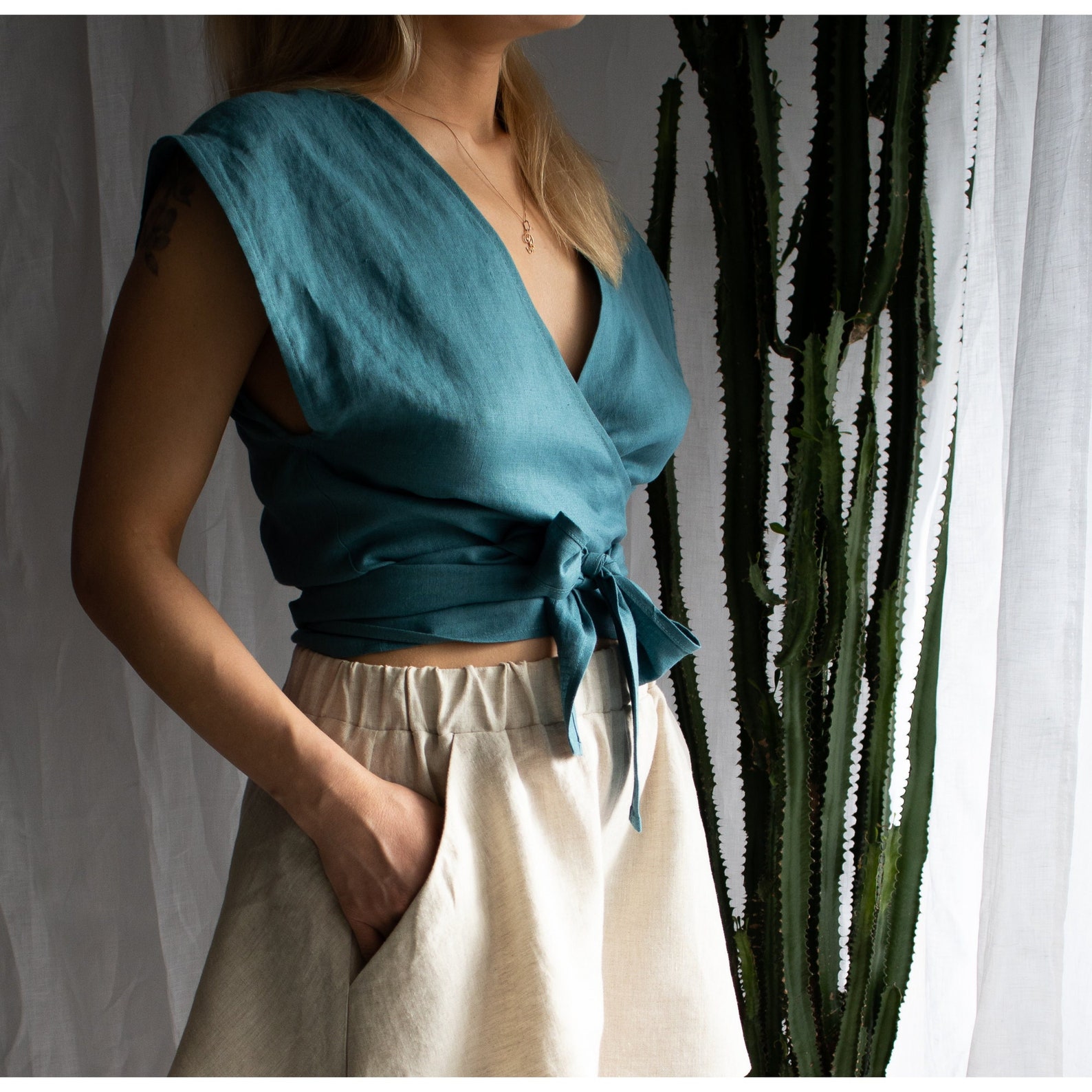 Linen Wrap Top.linen Top.linen Wrap Blouse.sleeveless Blouse.linen Crop ...