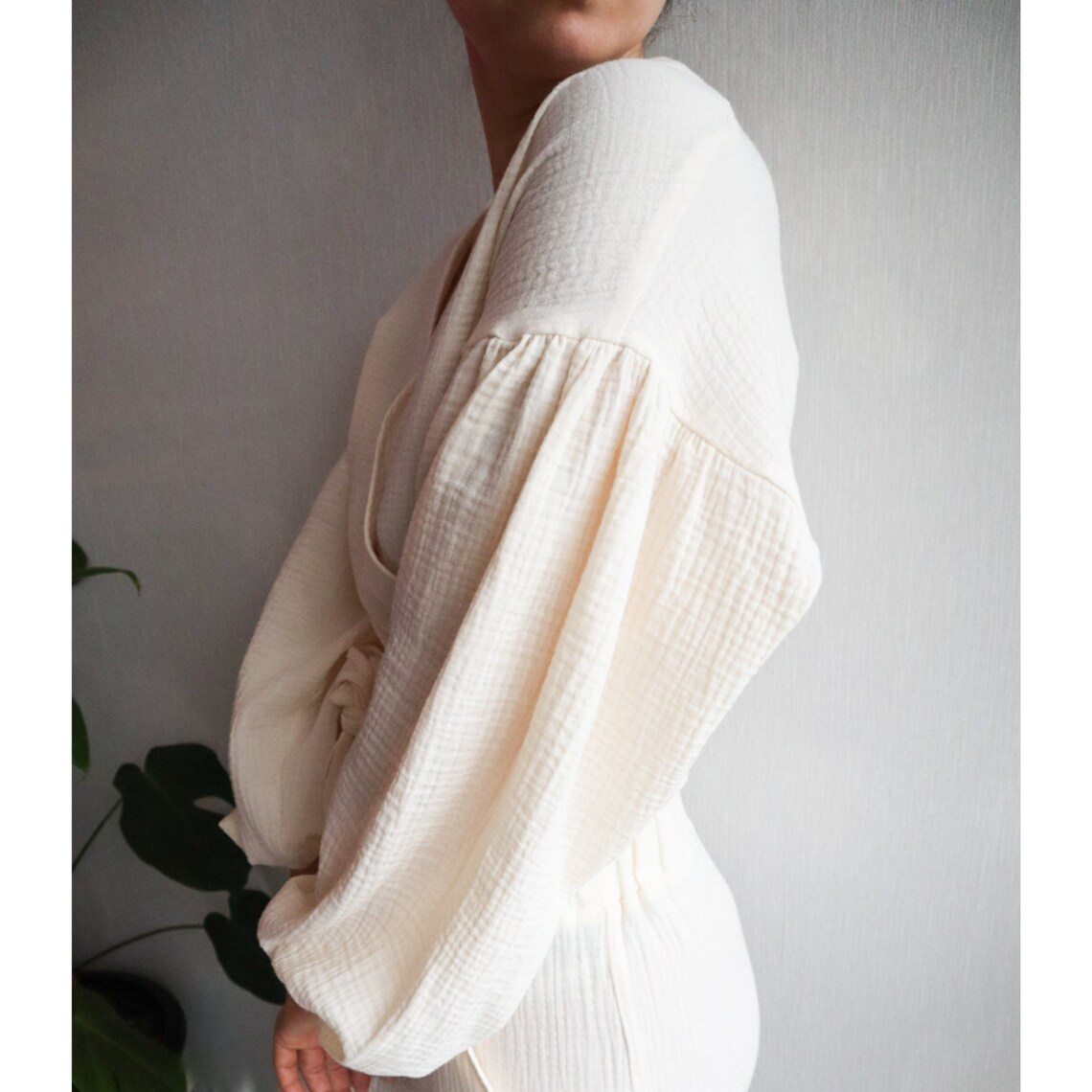 Cotton Blouse.muslin Wrap Top With Puffed Sleeves.double Gauze - Etsy