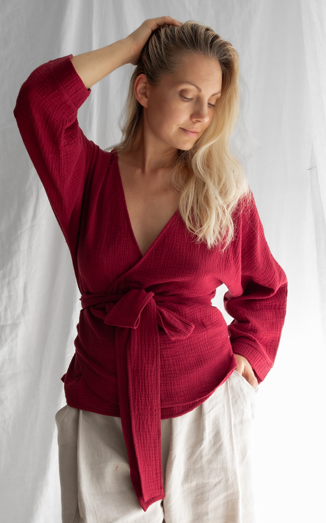 Soft Cotton Wrap Blouse With Long Sleeves. Natural Cotton Muslin Top ...